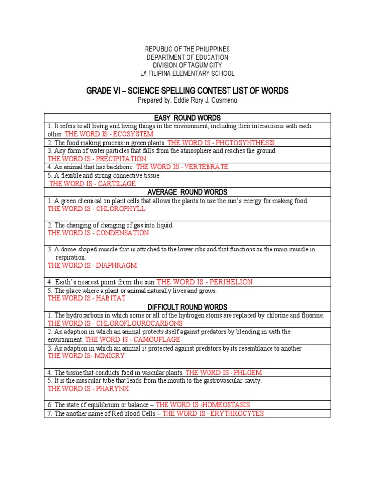 GRADE VI SCIENCE SPELLING BEE QUESTIONS | PDF