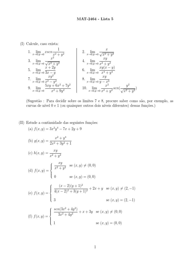 Lista 5 Sobre Limite E Continuidade Para Função De Duas Variáveis