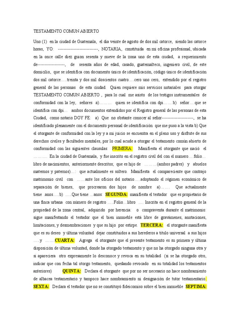 Ejemplo de Testamento Comun Abierto | PDF | Voluntad y testamento ...