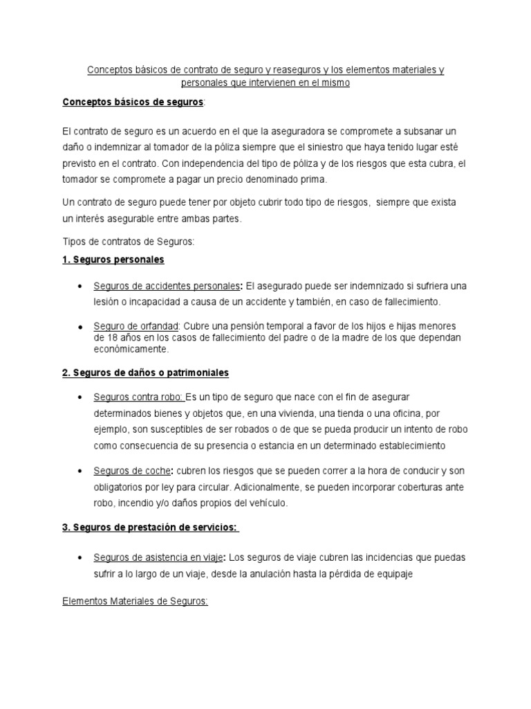 Conceptos y Términos Básicos de Contrato de Seguro y Reaseguros y Los Elementos Materiales y ...