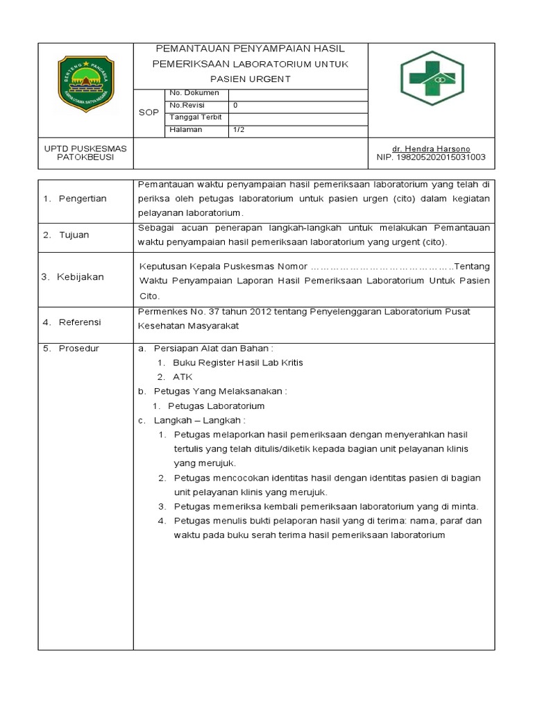 EP 3.9.1.1b SOP PEMANTAUAN PENYAMPAIAN HASIL LAB CITO | PDF