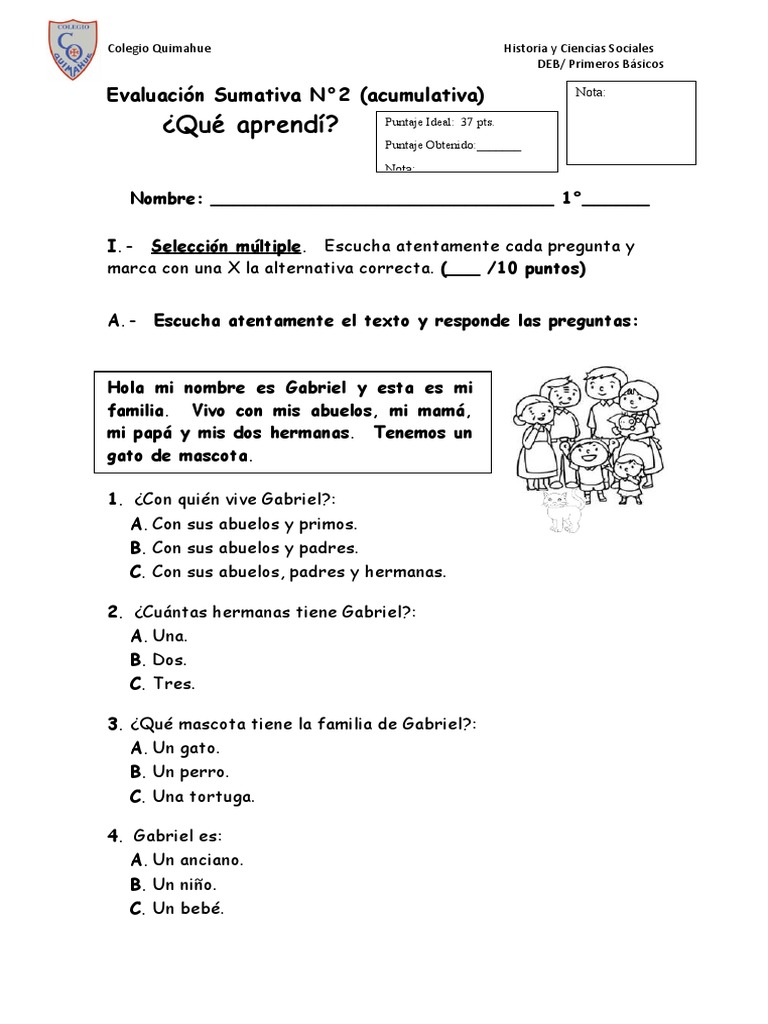 Evaluacion Sumativa La Familia (Primera Parte) | PDF