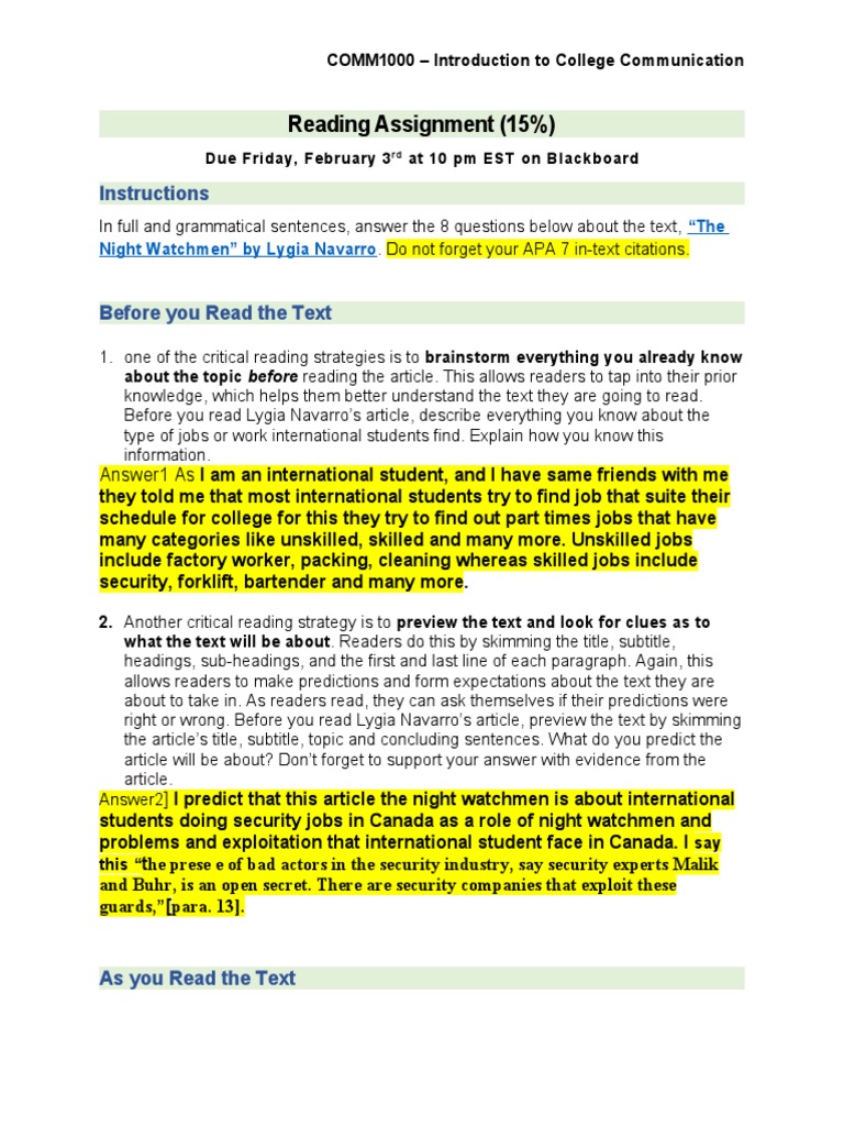 Reading Assignment - SN 202202 | PDF | International Student | Inference