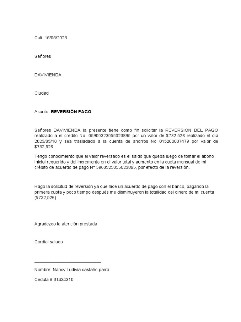 Solicitud de Reversión de Pago Davivienda | PDF