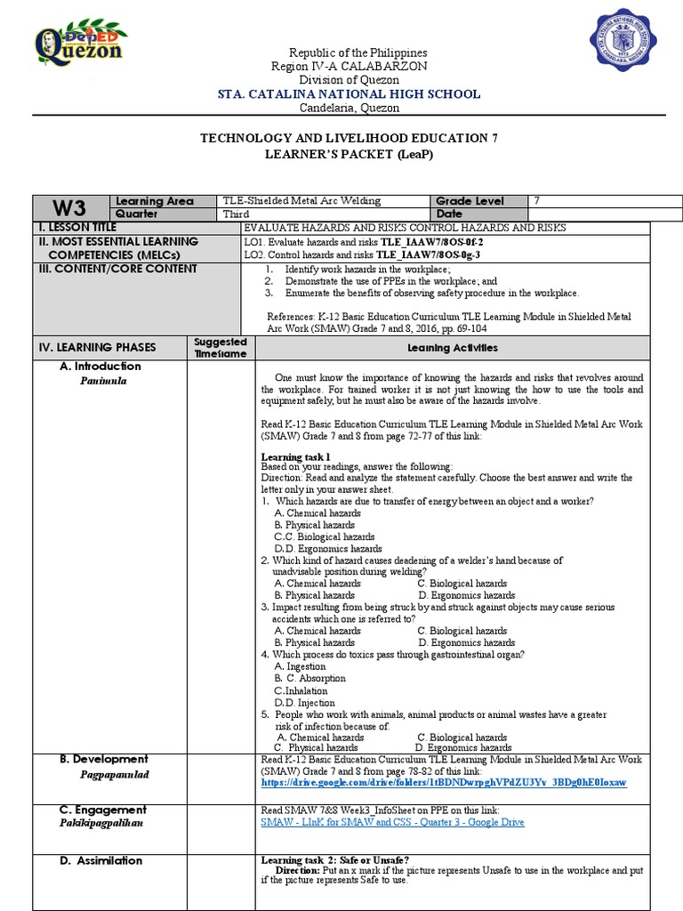 G7 LEAP - Week 3 SMAW | PDF | Hazards | Personal Protective Equipment