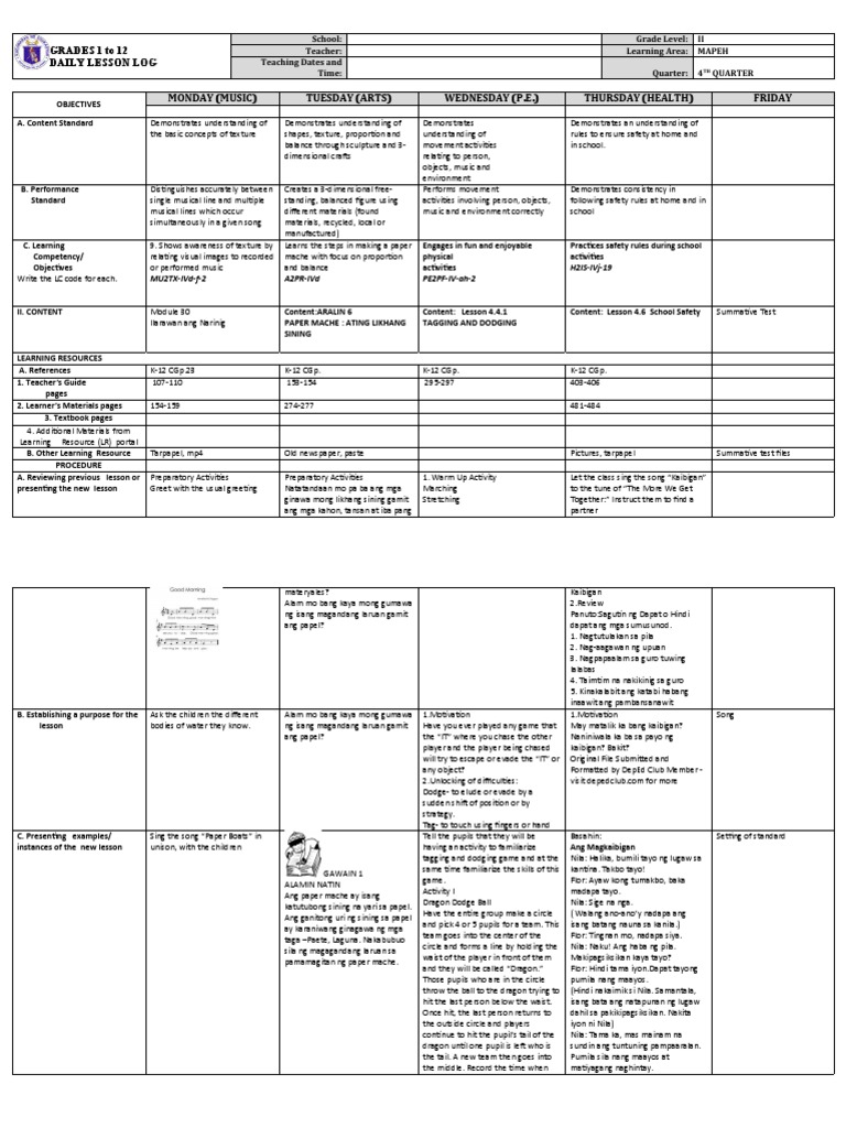 DLL - Mapeh 2 - Q4 - W5 | PDF | Teachers
