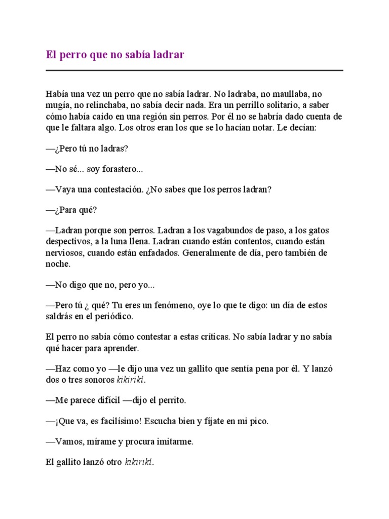 Cuento El Perro Que No Sabía Ladrar | PDF