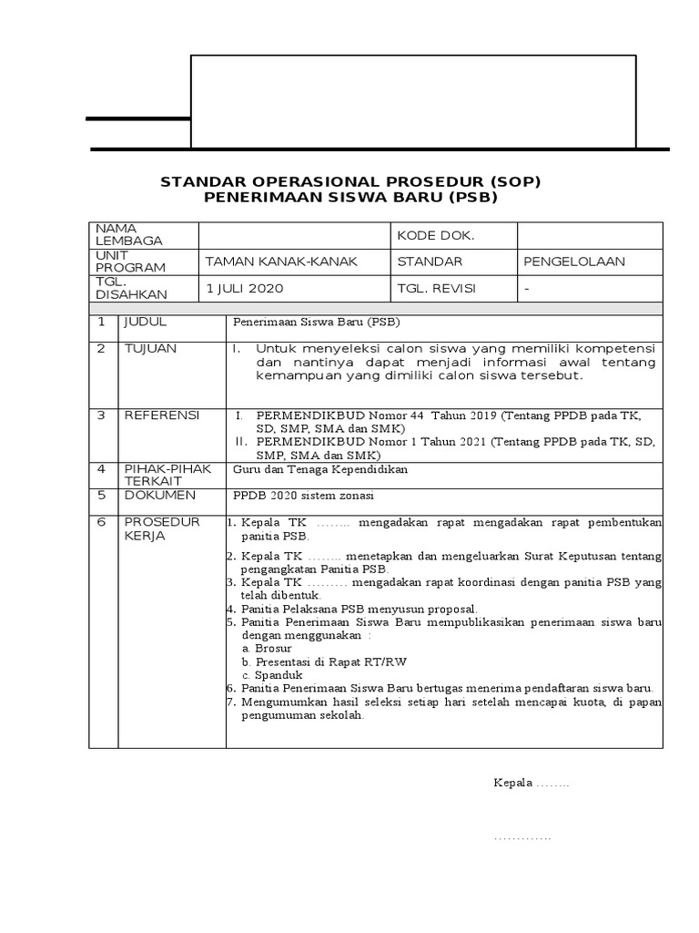 SOP Penerimaan Siswa TK | PDF | Karier & Perkembangan