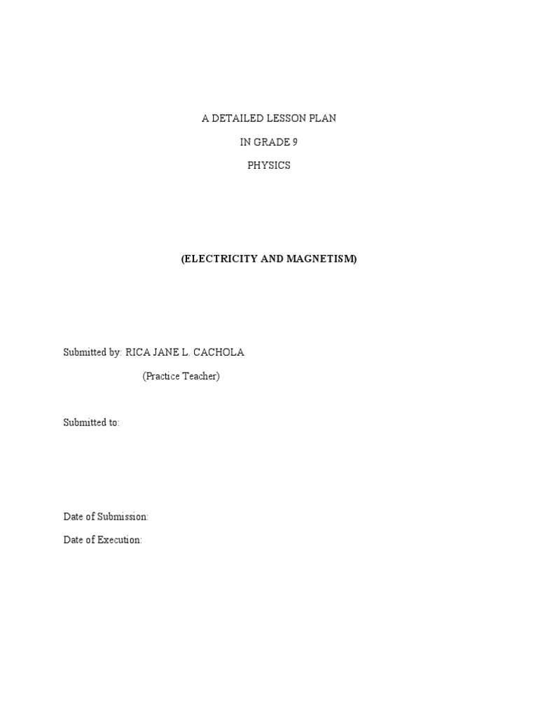 DETAILED LESSON PLAN 9 (PHYSICS- ELECTRICITY AND MAGNETISM) | PDF