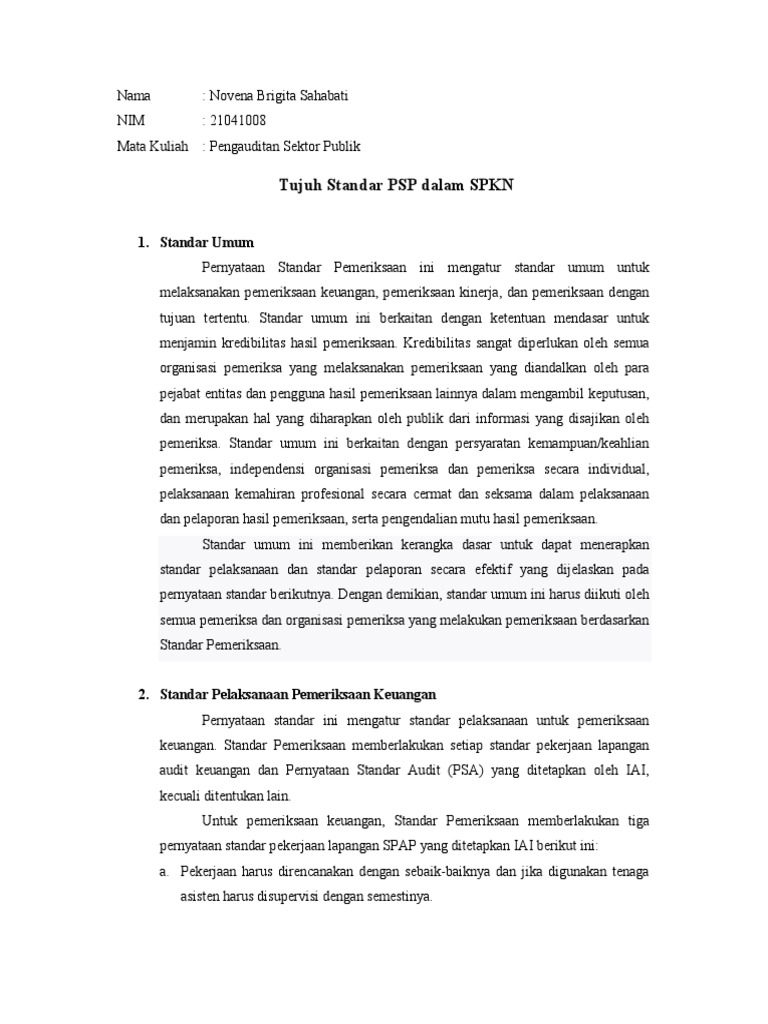 Novena Sahabati (21041008) - Tujuh Standar PSP Dalam SPKN | PDF
