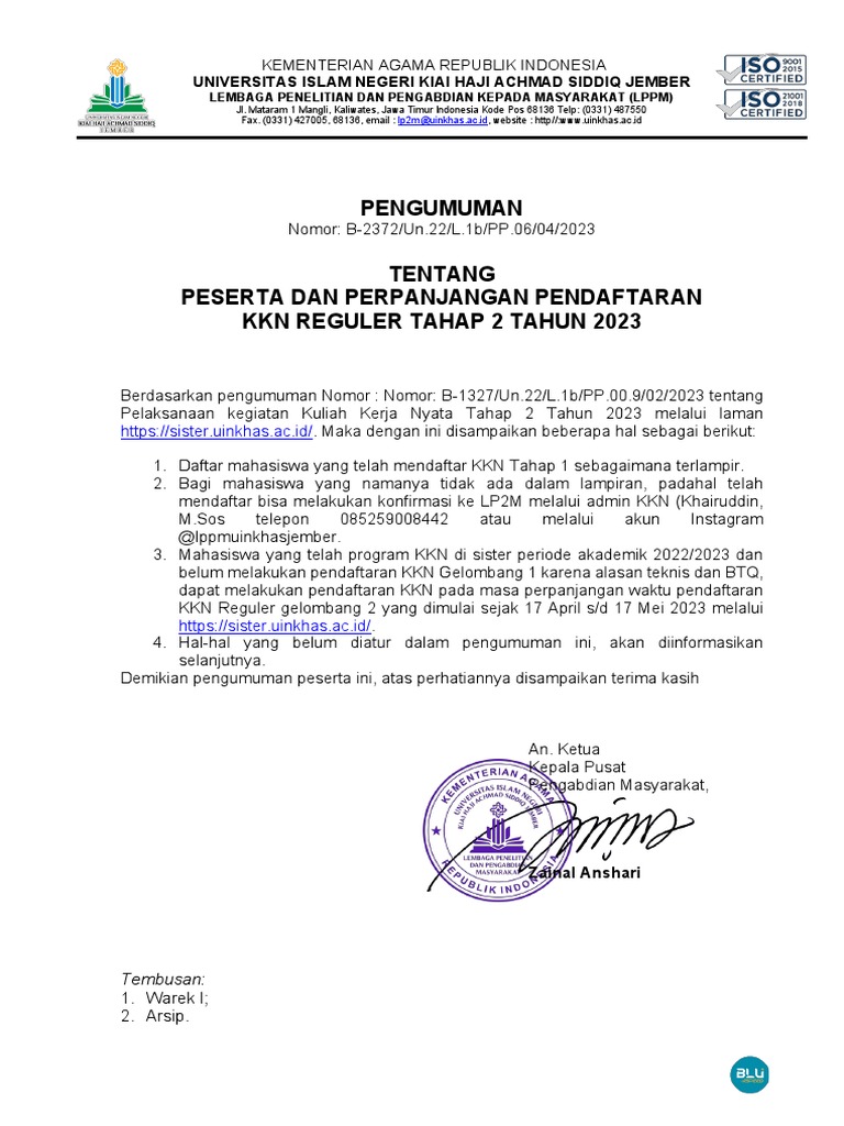 Pengumuman Peserta Dan Perpanjangan Daftar Kkn-Reg-2-2023 | PDF