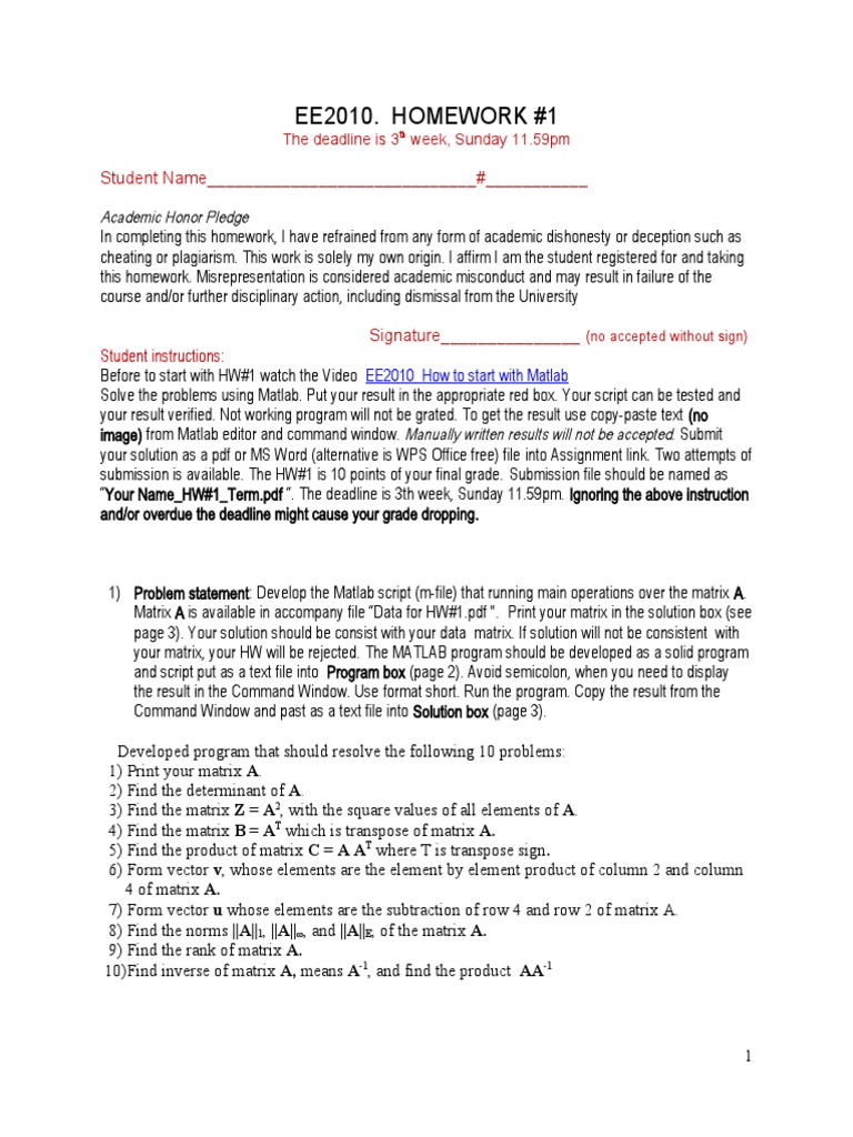 Module 1 - Matlab - Homework #1 | PDF | Matrix (Mathematics) | Academic Dishonesty
