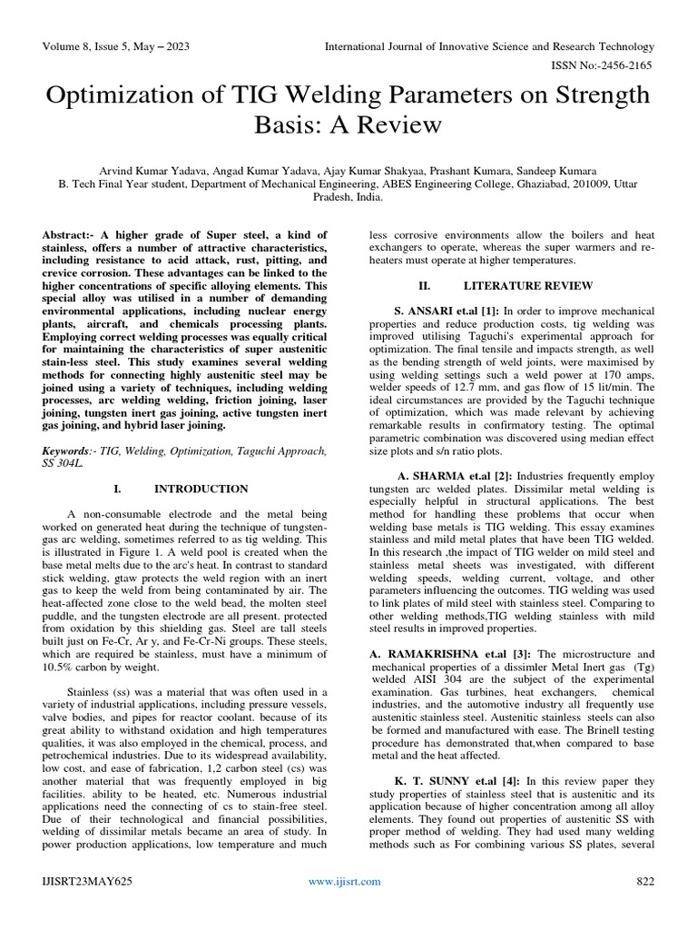 Optimization Of Tig Welding Parameters On Strength Basis A Review Pdf Construction Welding