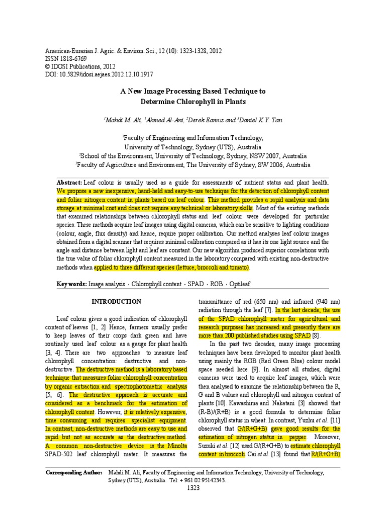 A New Image Processing Based Technique To Determine Chlorophyll in Plants | PDF | Chlorophyll ...
