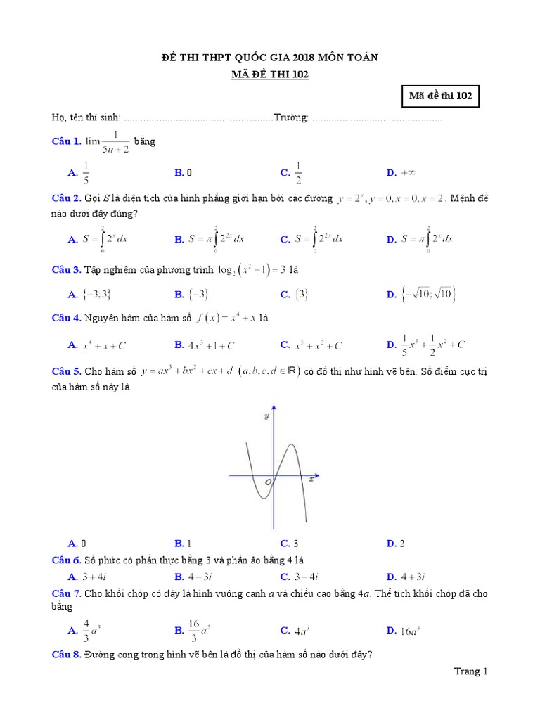 De Thi Chinh Thuc Mon Toan THPT Quoc Gia Nam 2018 Ma 102 | PDF