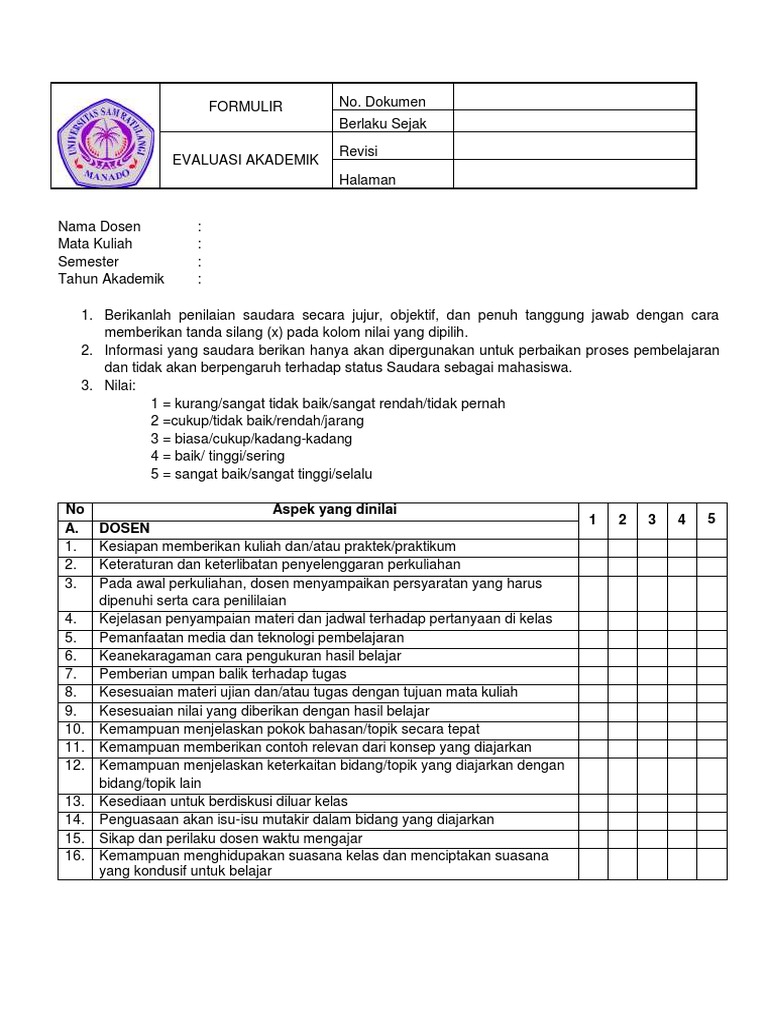 FORMULIR Evaluasi Perkuliahan | PDF