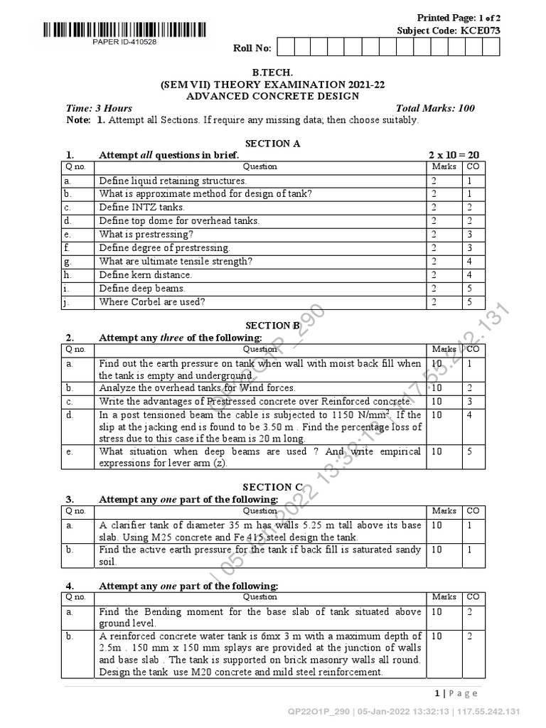 btech-ce-7-sem-advanced-concrete-design-kce073-2022 (1) | PDF | Beam ...