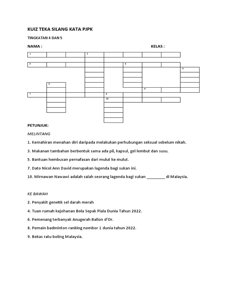 Kuiz Teka Silang Kata PJPK | PDF