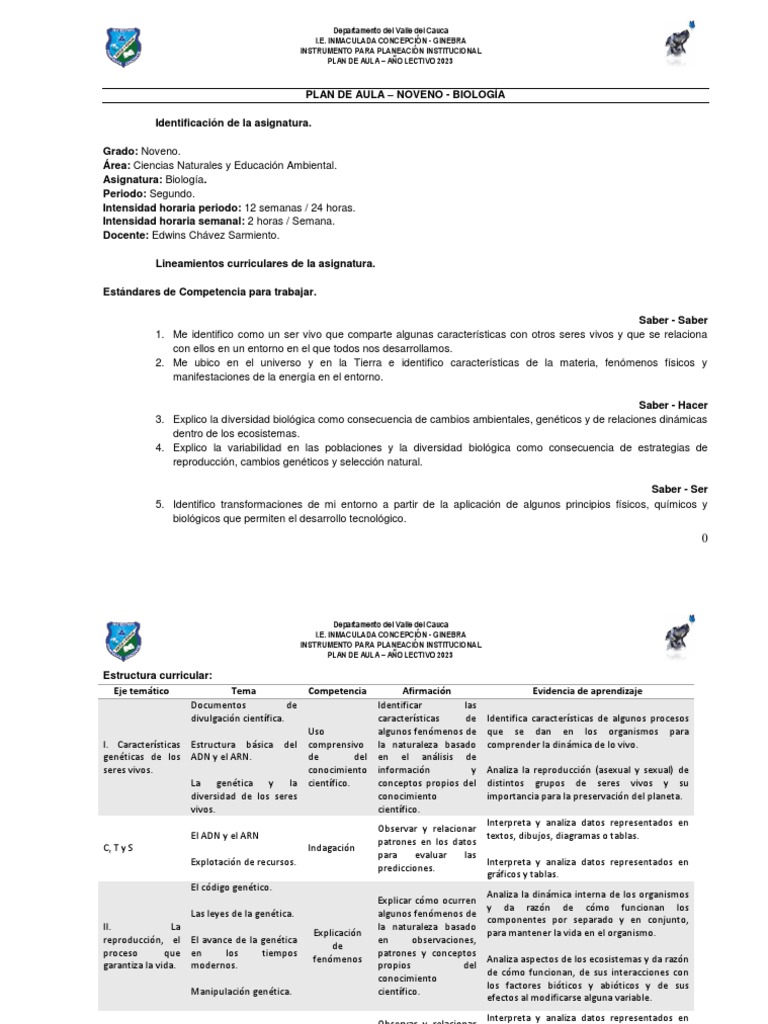 PLAN - AULA - 2do - P - 2023 - BIO-Noveno | PDF | Enseñando | Aprendizaje
