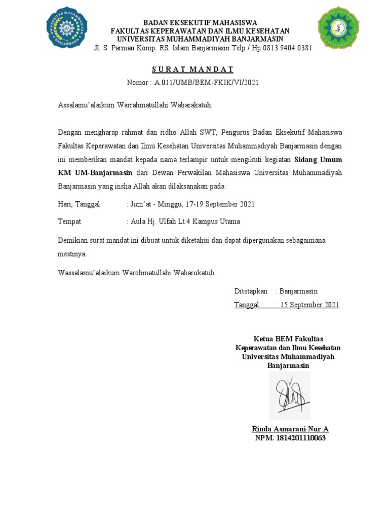 Surat Mandat Sidang Umum KM UM-Banjarmasin 2021 | PDF
