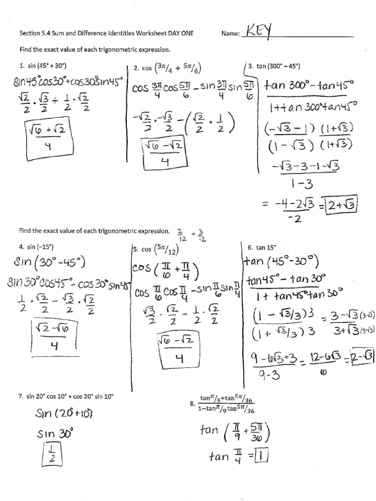 Sum and Difference Answer Key | PDF