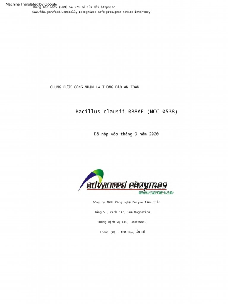 GRAS Notice GRN 971 Bacillus Clausii 088AE | PDF