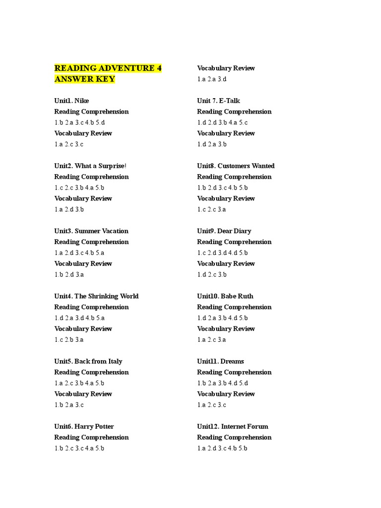 Reading Adventure 4 Answer Key | PDF