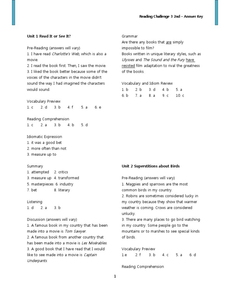 Reading Challenge 3 - 2nd - Answer Key Final | PDF | Idiom | Robot