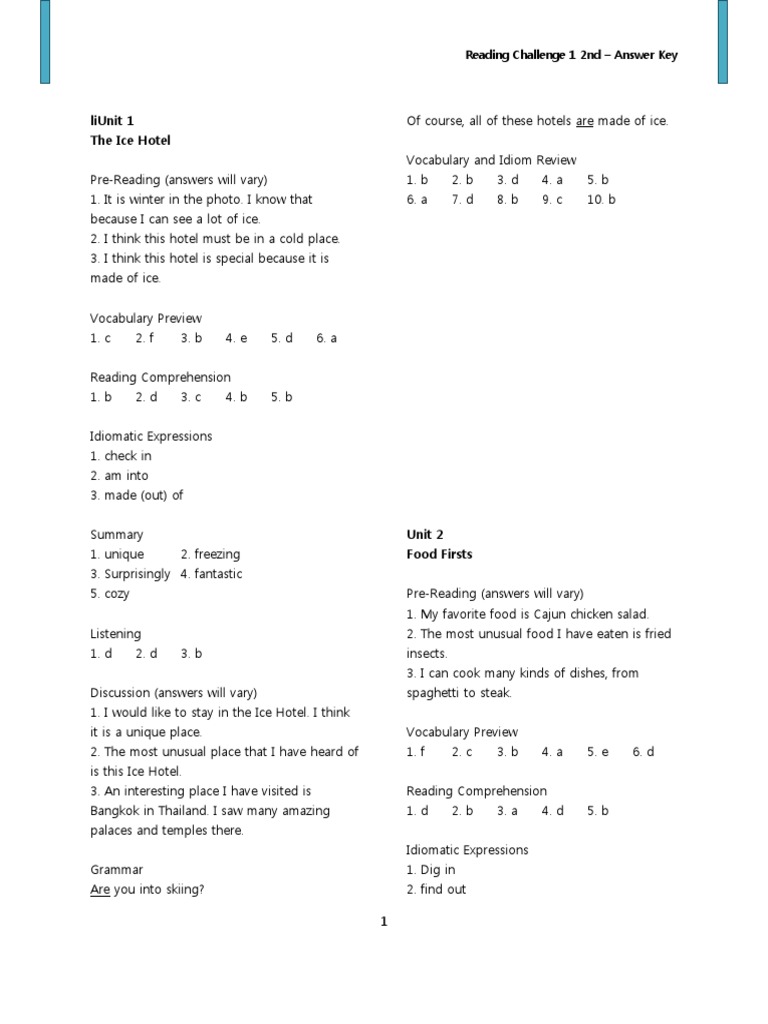 Reading Challenge 1 - 2nd - Answer Key Final | PDF | Idiom | Postage Stamp