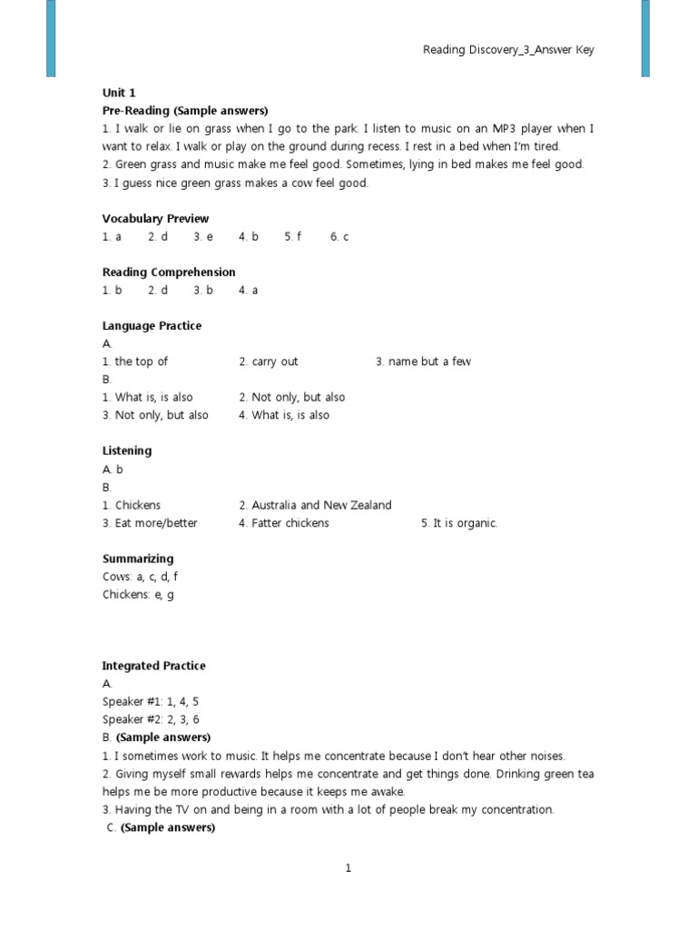 Reading Discovery - 3 - Answer Key | PDF | Body Mass Index