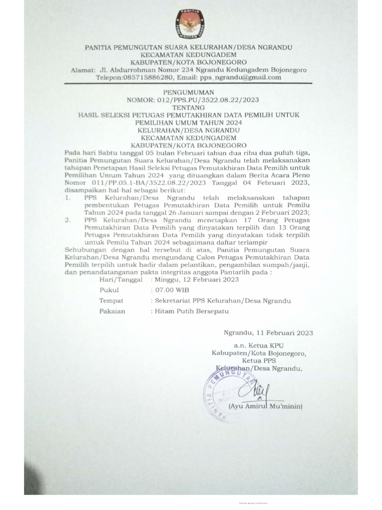 Pengumuman Penetapan Pantarlih | PDF