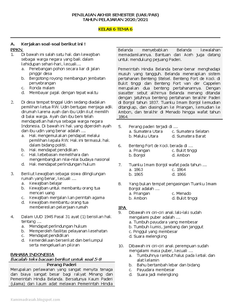 Soal PAS Kelas 6 Tema 6 - KAMIMADRASAH | PDF