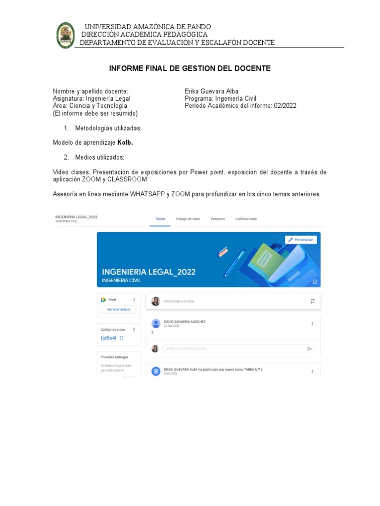 Informe de Final de Gestion Del Docente 2022 | PDF | Maestros