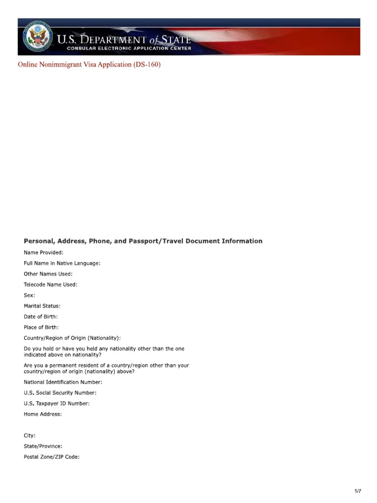 Draft Visa Application Form - Ds160 Student Visa | PDF