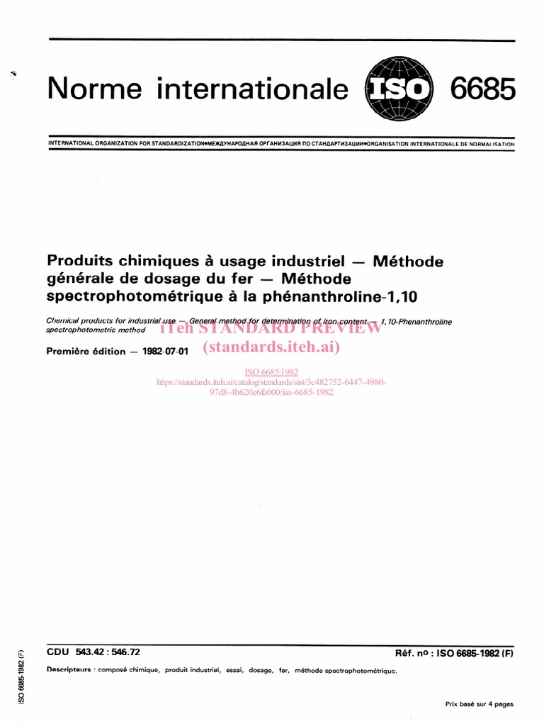 Dosage du fer par méthode ISO 6685 | PDF | Organisation internationale ...