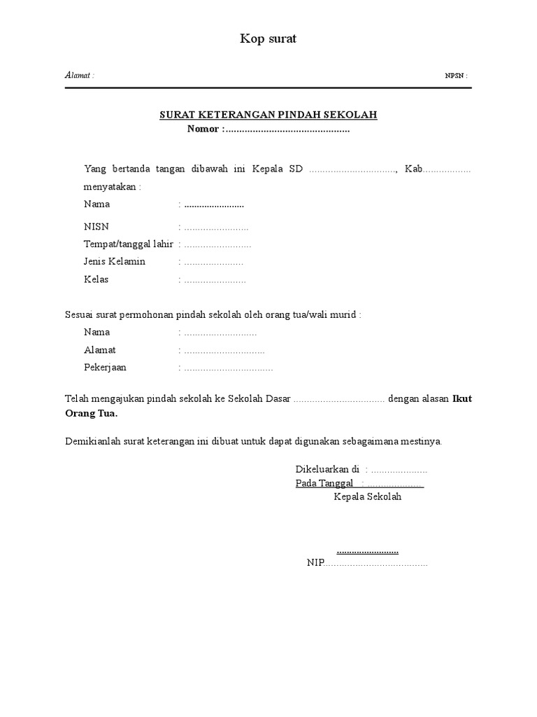 Surat Keterangan Pindah Sekolah SD | PDF