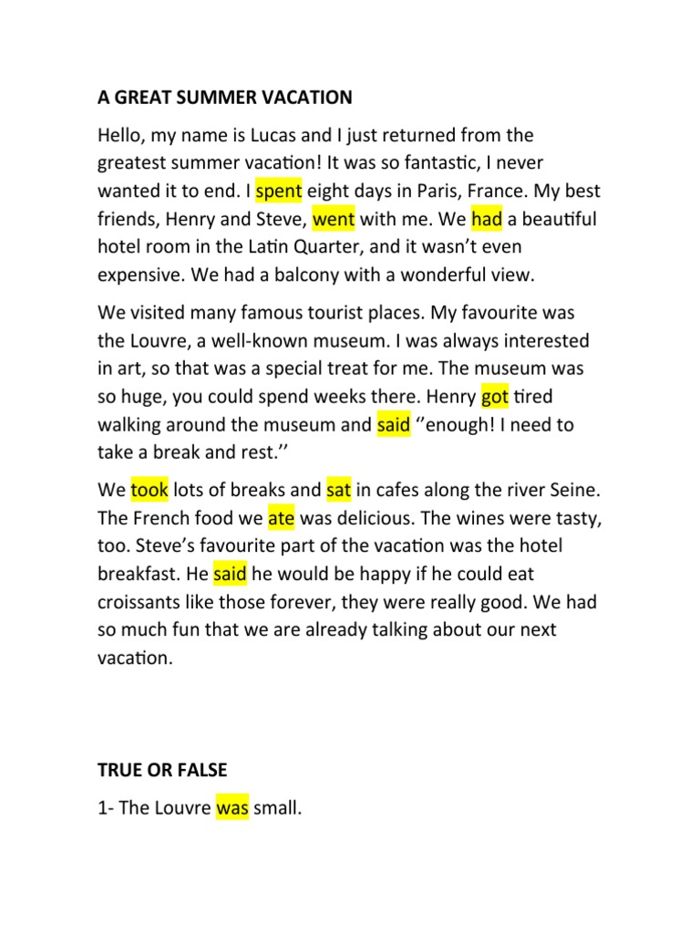 A GREAT SUMMER VACATION (Past Simple) | PDF