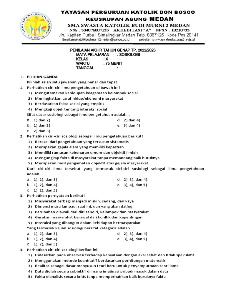 PAT Sosiologi Kelas 10 | PDF