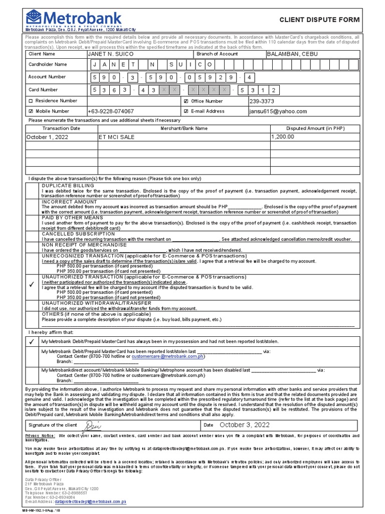 Metrobank Client Dispute Form Guide | PDF | Debit Card | Credit Card