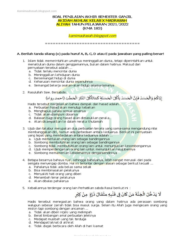Soal Aa Kelas 10 Kma 183 - Kamimadrasah | PDF