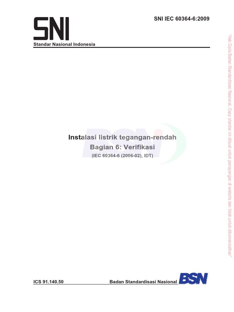 SNI IEC 60364-6 - 2009 (Instalasi Lisrik LV Bag.6) | PDF