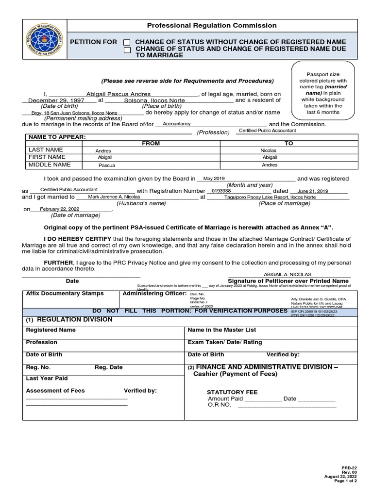 PRD-22 Change of Status With or Without Change in Registered Name Due ...