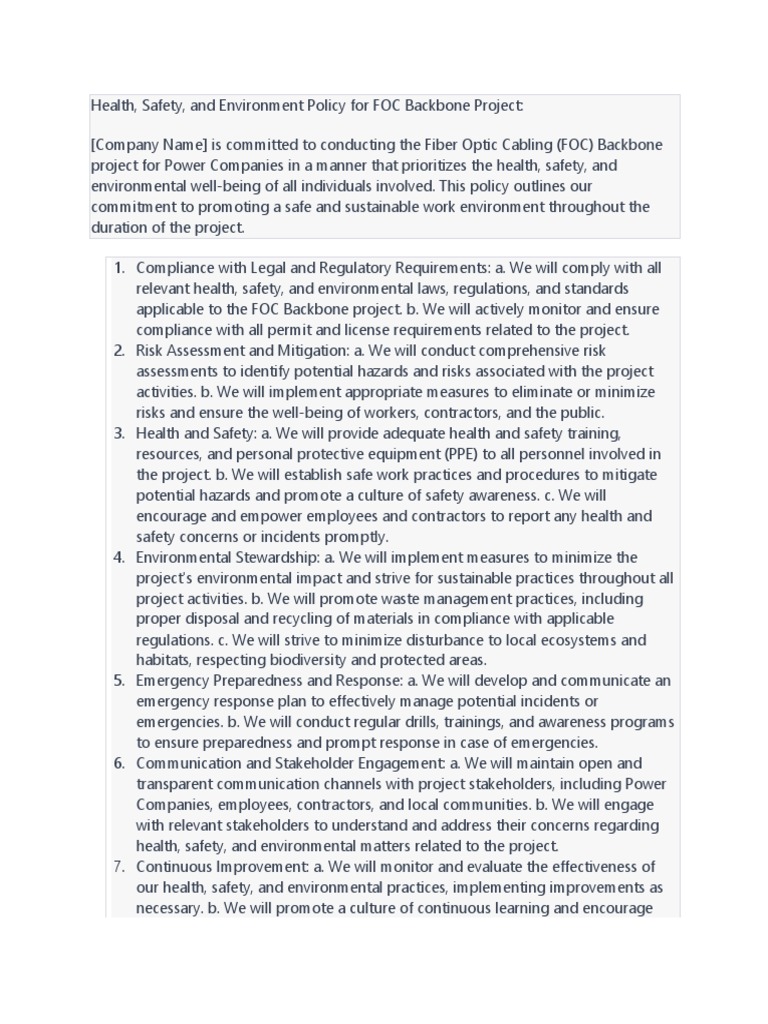 HSE Policy - FOC Backbone OSP Project | PDF | Safety | Occupational Safety And Health