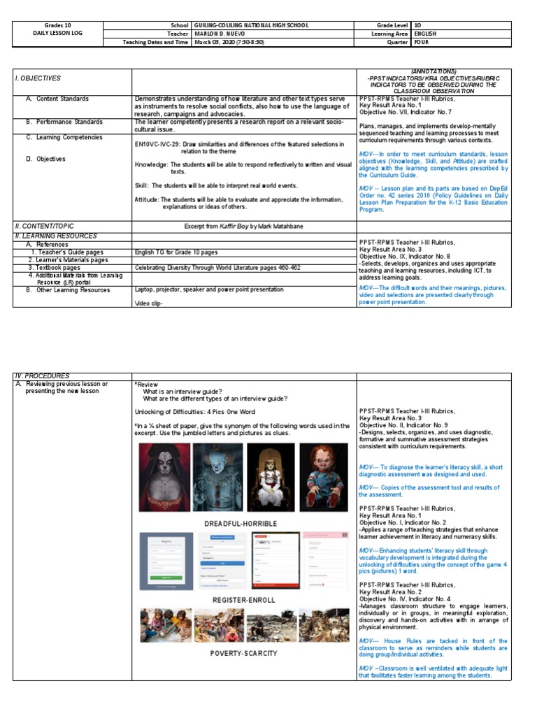 Classroom Observation Indicators for Grade 10 | PDF | Curriculum | Learning