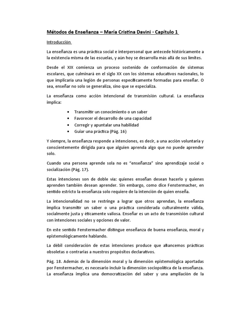 Métodos de Enseñanza de Davini: Capítulo 1 | PDF | Enseñando | Aprendizaje