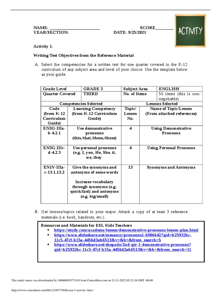 Lesson 3 Activity 1 | Download Free PDF | Pronoun | Subject (Grammar)