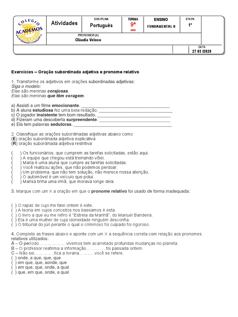 Fii 9º Ano Atividades Portugues 27 03 2020 Pdf Pronome 2853