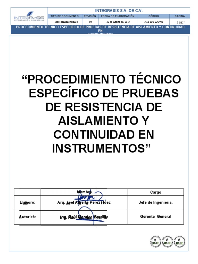 Procedimiento Pruebas de Aislamiento y Continuidad | PDF | Aislador (Electricidad) | Resistor