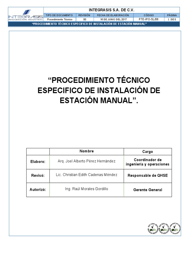 Procedimiento Técnico Especifico de Instalación de Estación Manual | PDF