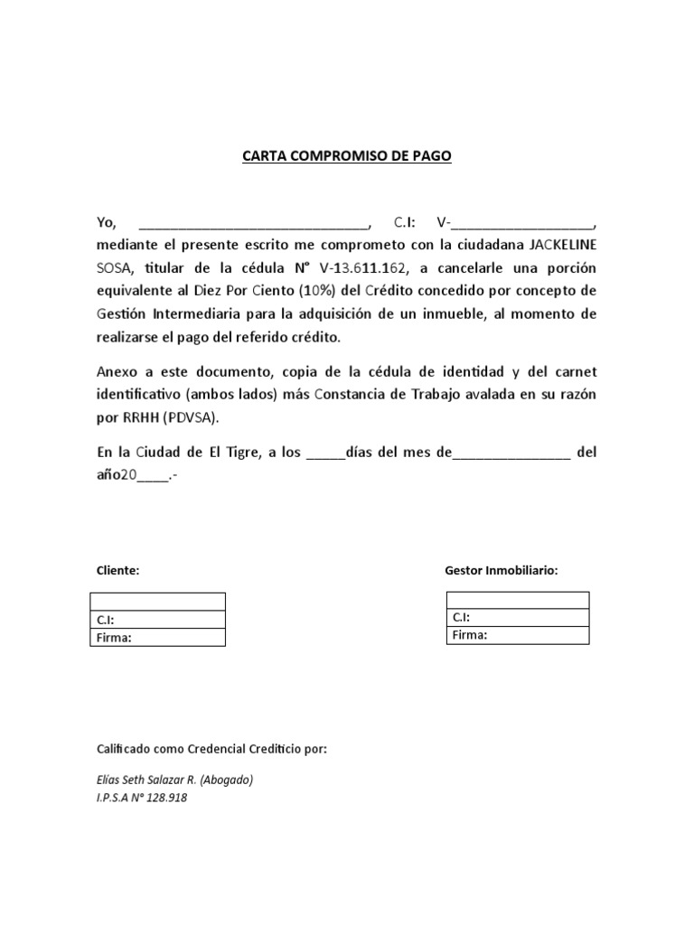 Carta Compromiso de Pago (Jackeline Sosa) G.I - Modelo 2 | PDF